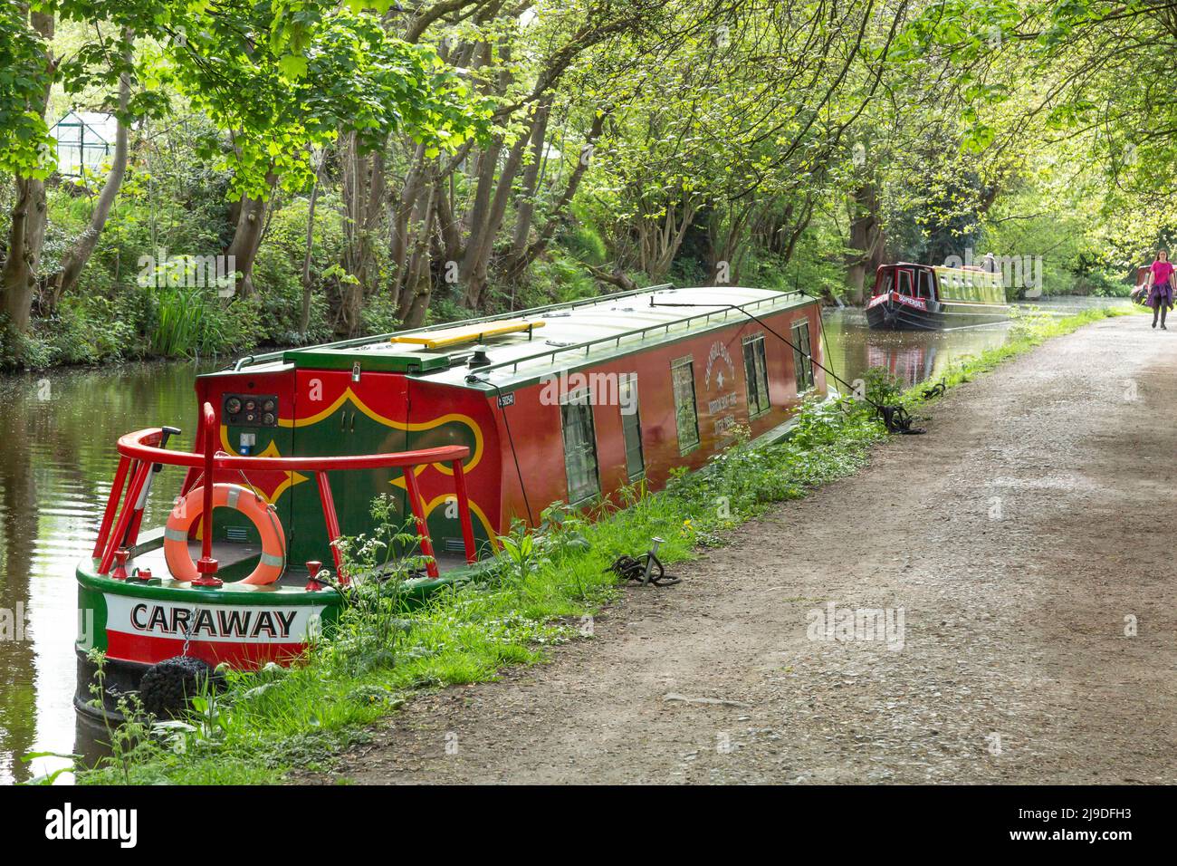 A barge moored up on the Leeds Liverpool canal at Saltaire, West ...