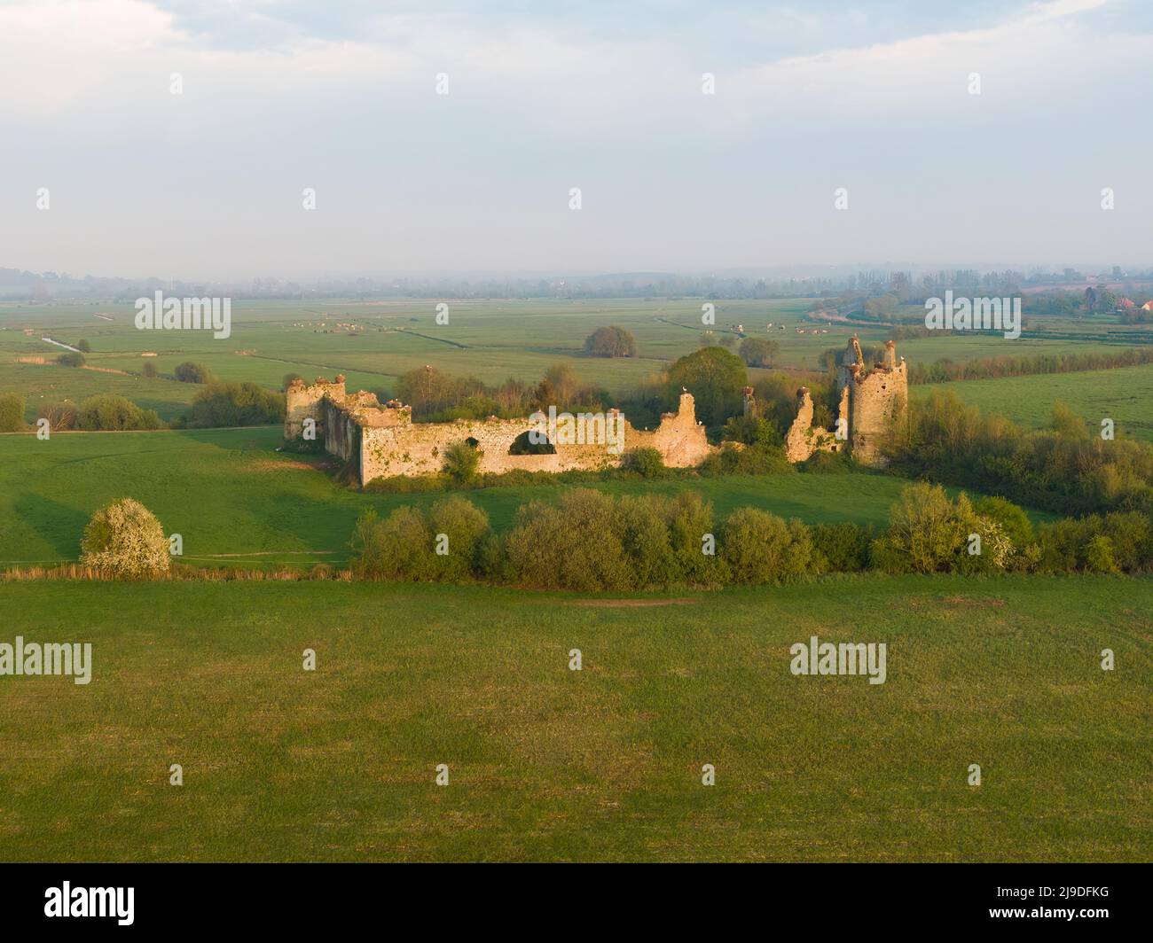 A view of the white storks in the ruins of Chateau De La Riviere ...