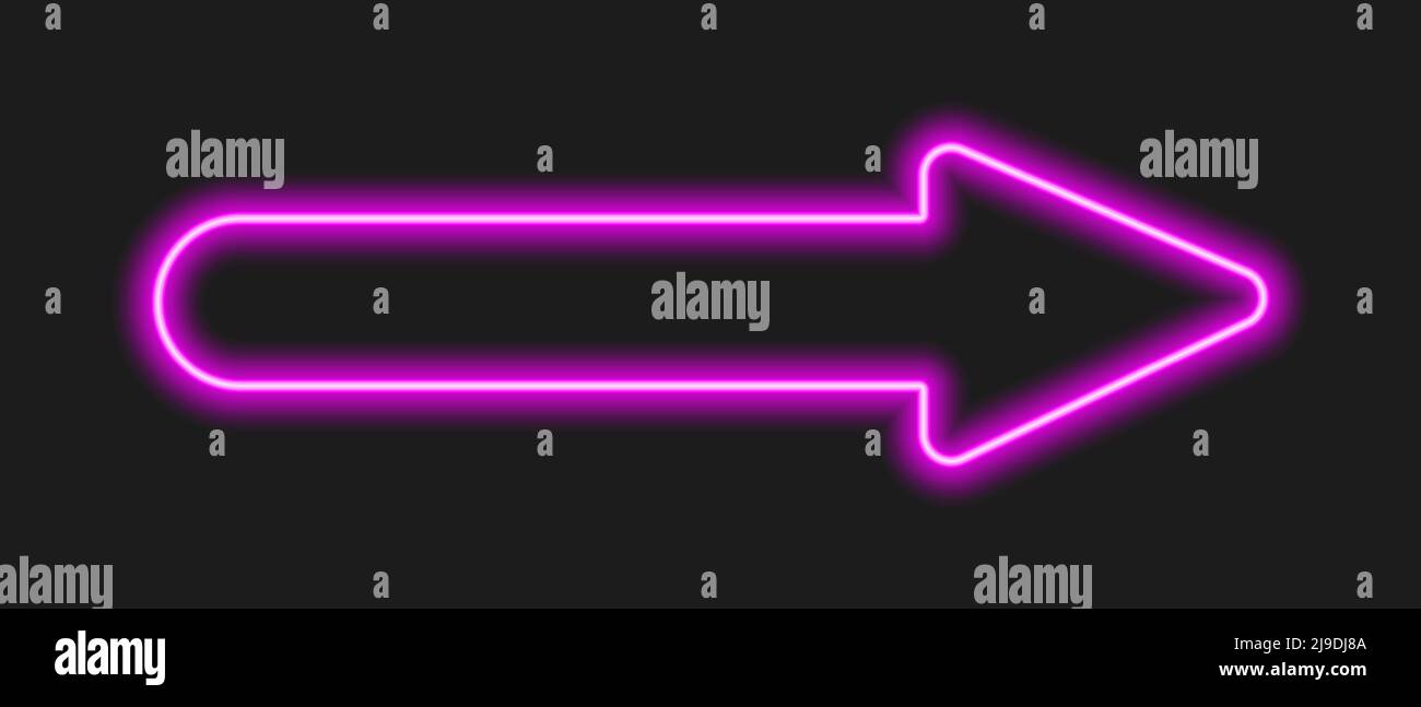Glowing purple neon next arrow on dark background. Lightning direction ...