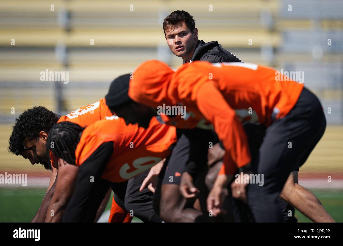 B.C. Lions quarterback Nathan Rourke, back, lines up to run a play ...