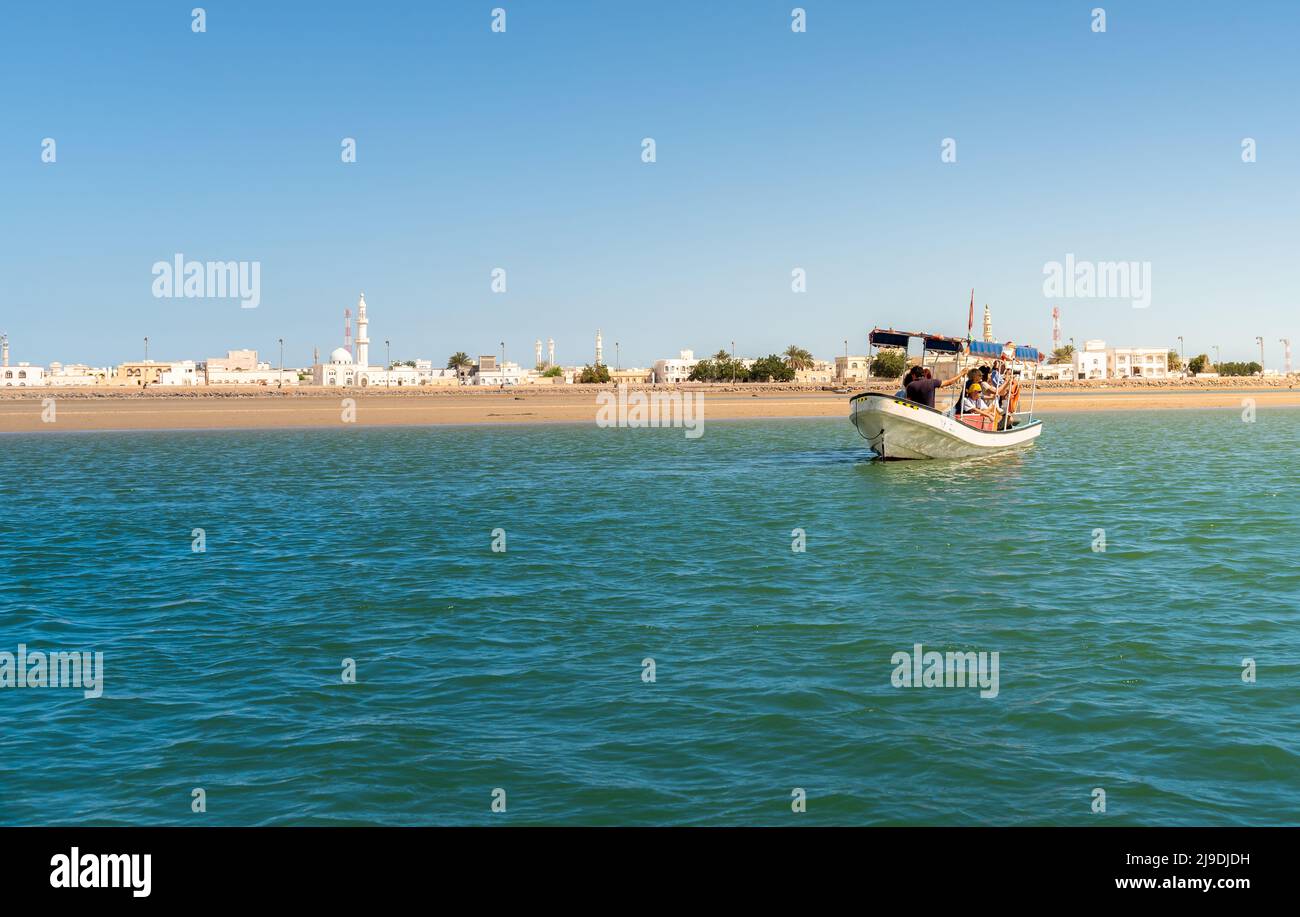 Sur, Sultanate of Oman - February 15, 2020: Boat with tourists on the ...