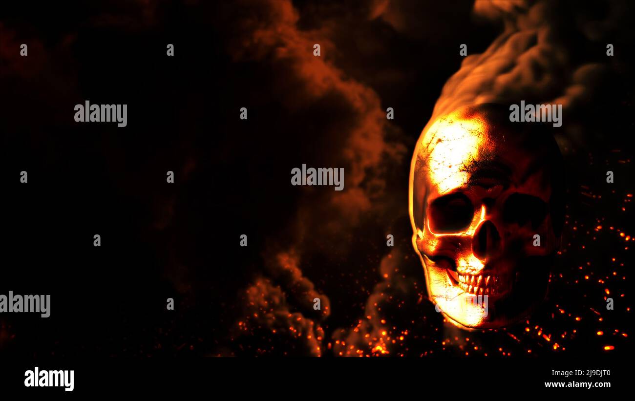 Burning yellow skull with fire background with empty space - war ...