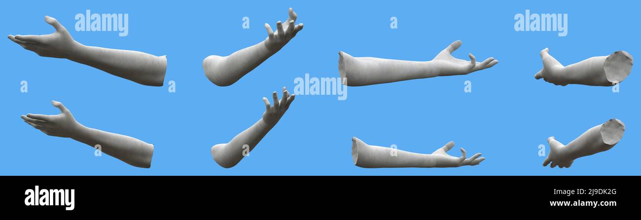 Set of white stone statue hand detailed renders isolated on blue ...