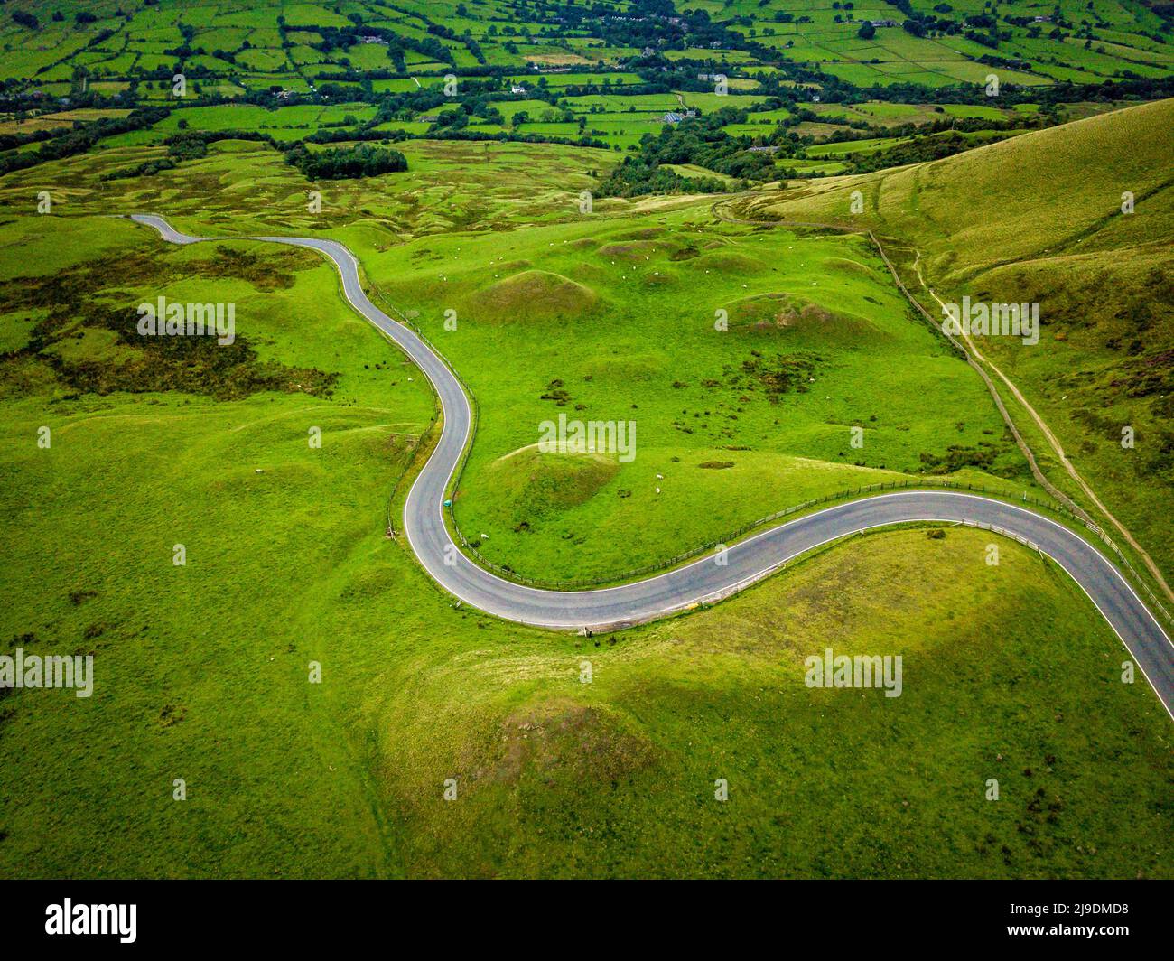 Aerial view of road to Edale, Vale of Edale, Peak District National ...