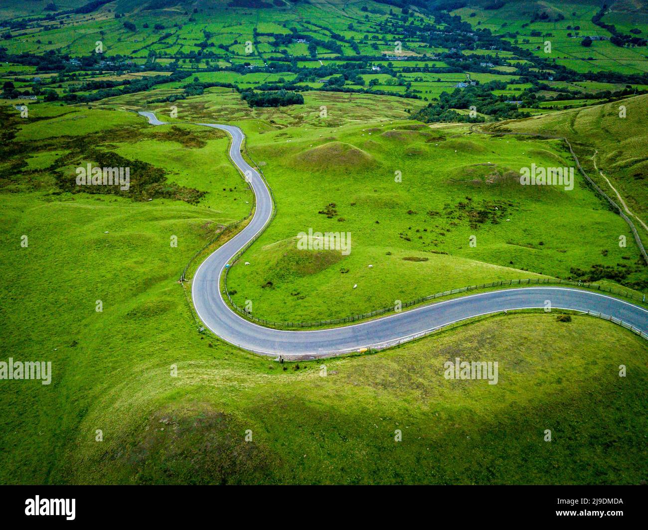 Aerial view of road to Edale, Vale of Edale, Peak District National ...