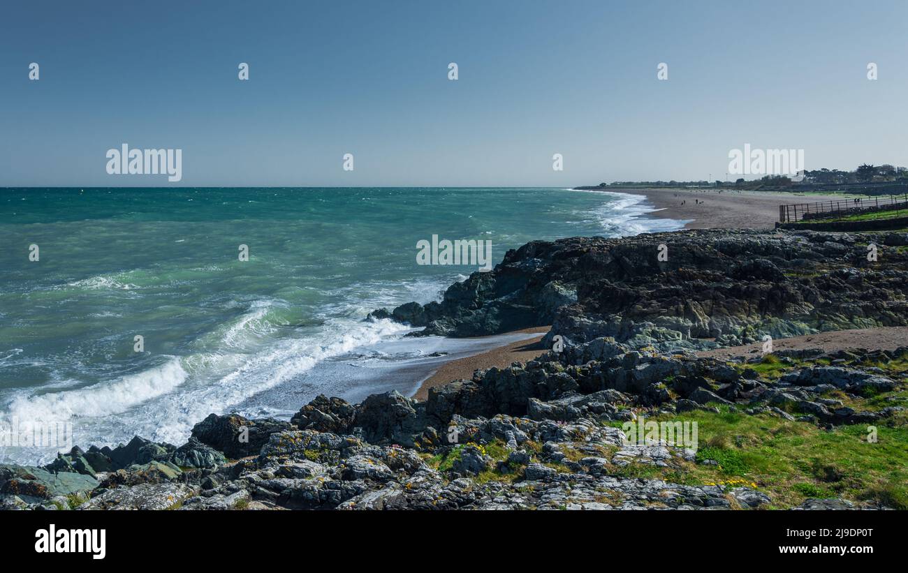 View from the Greystones beach with beautiful coastline, cliffs and sea ...