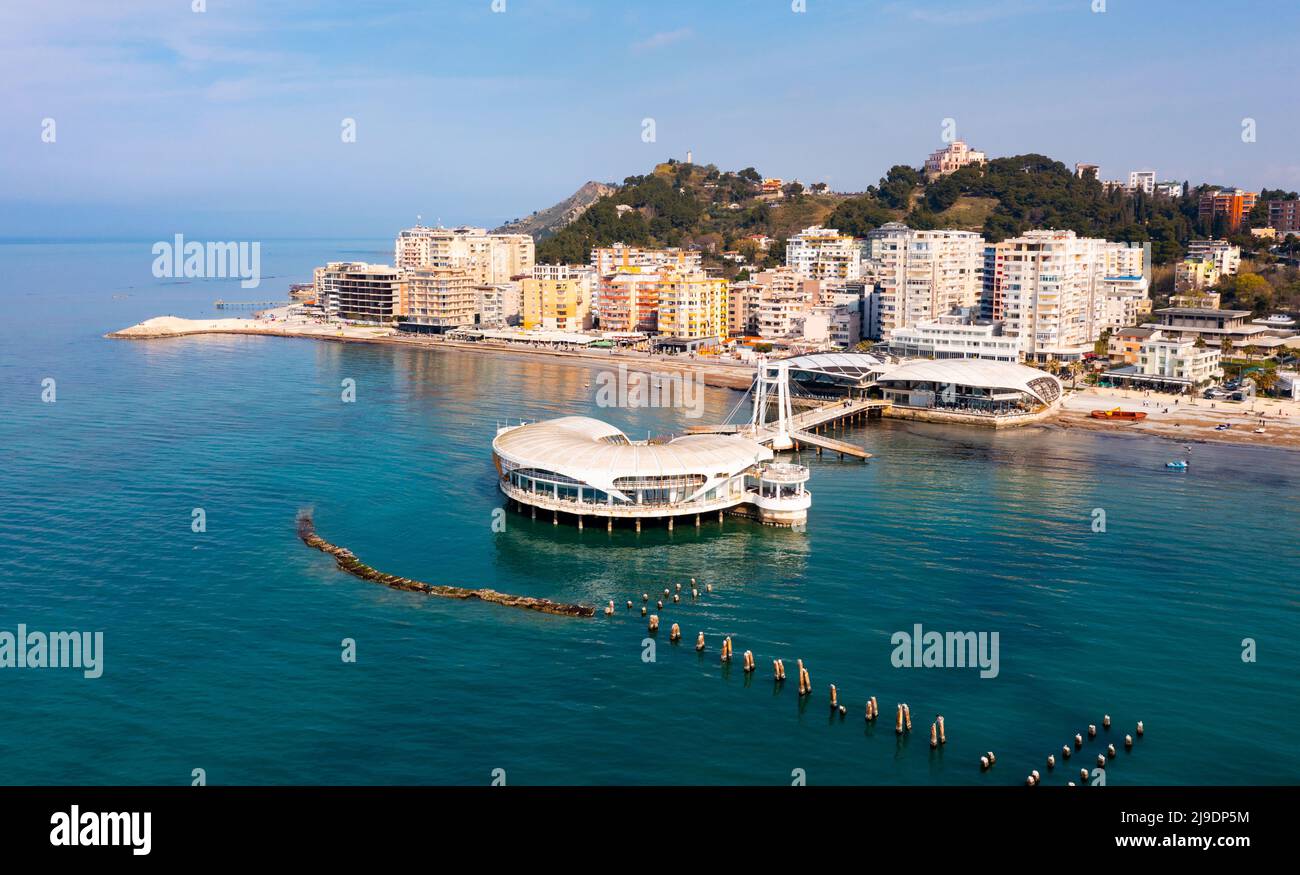 Aerial view of coastal area of Albanian city of Durres on Adriatic Sea ...
