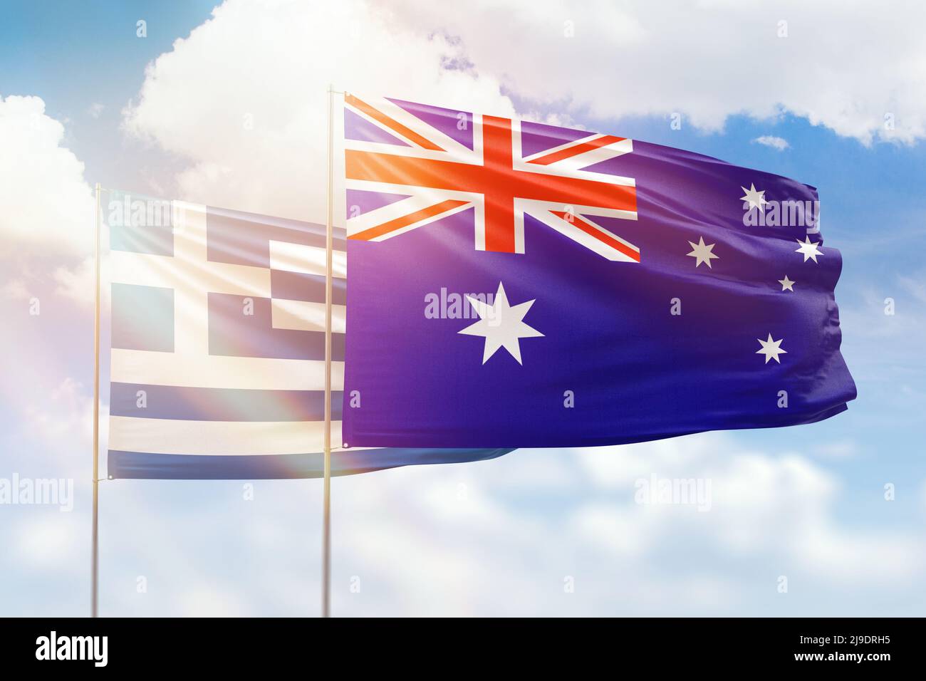 Sunny blue sky and flags of australia and greece Stock Photo - Alamy