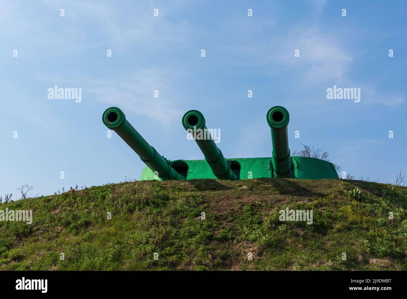 Voroshilov battery - ship tower guns on the Russian island. High ...
