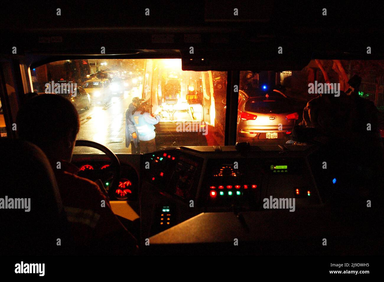 Inside night view of the cockpit of a Spartan fire truck of the General ...