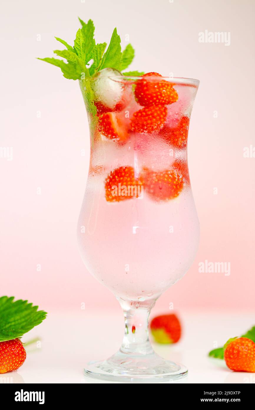 Strawberry drink.Refreshing summer cocktail.Summer drink.mineral water ...