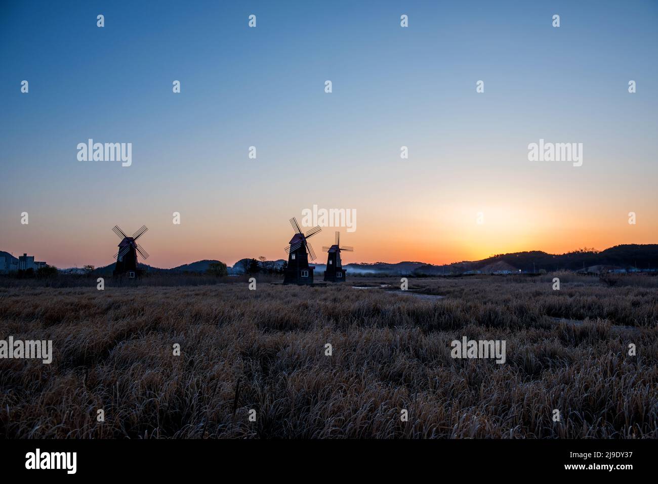 The beautiful landscape of windmill town in the early morning at dawn ...