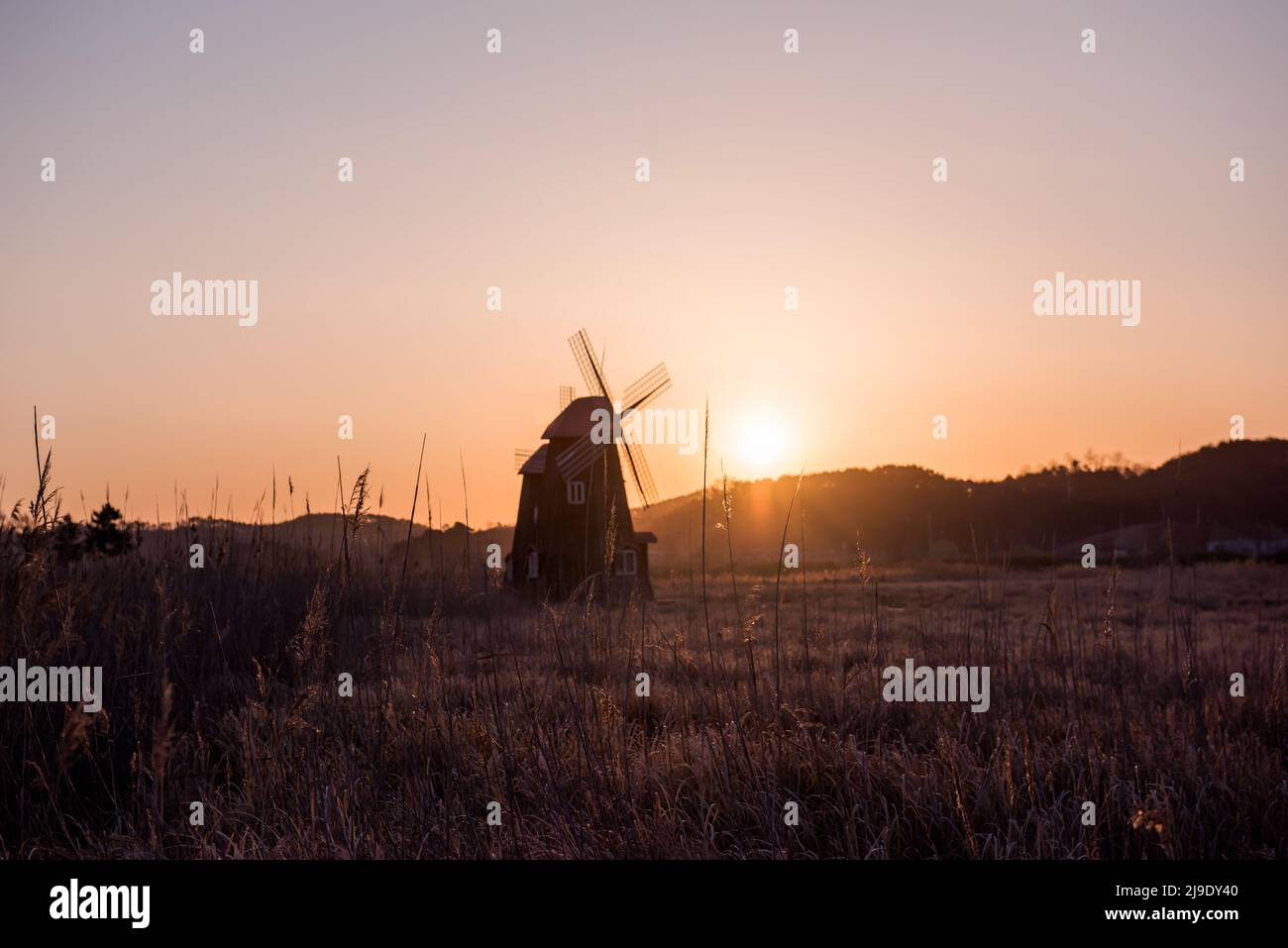 The beautiful landscape of windmill town in the early morning at dawn ...