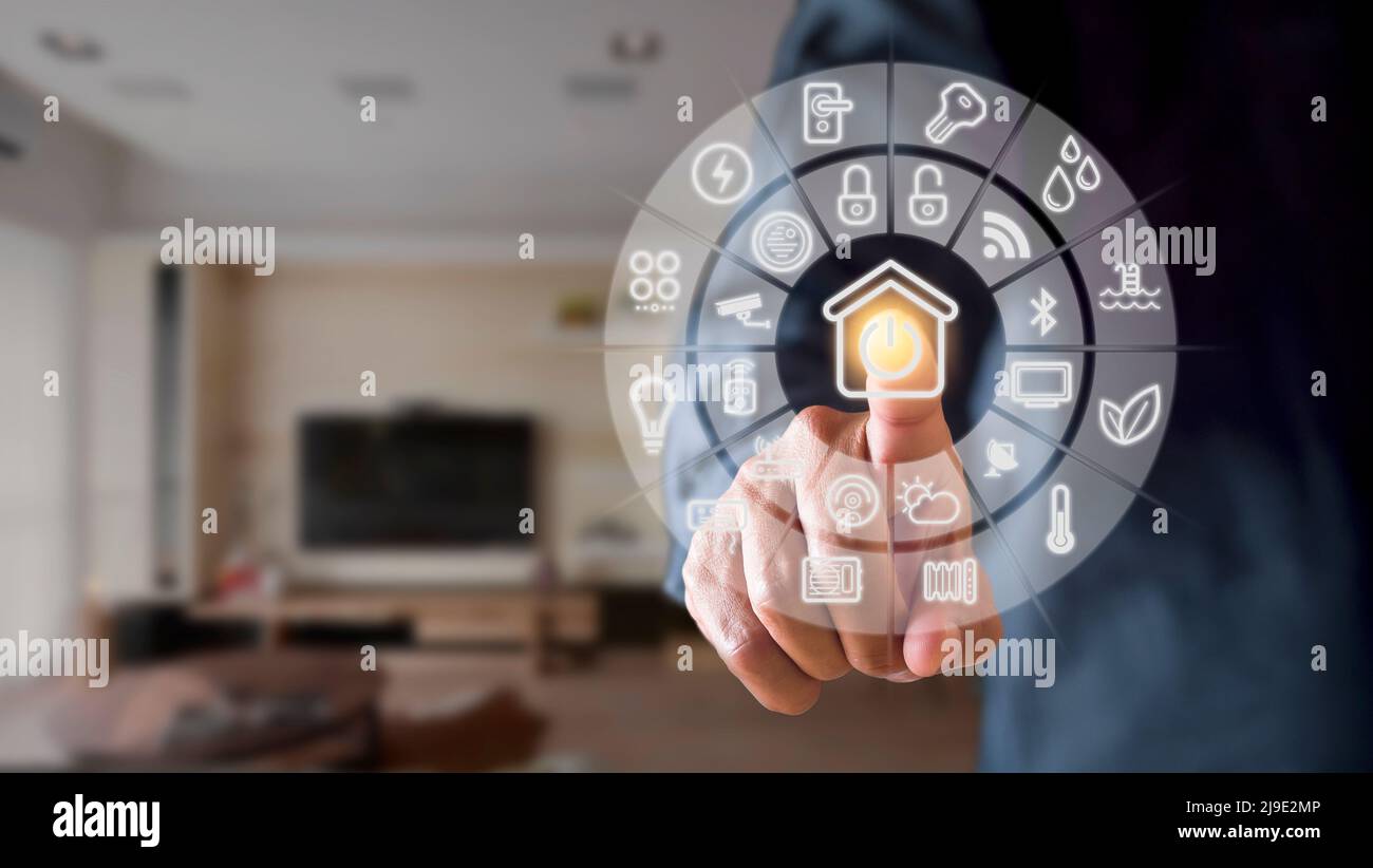 Man hand point smarth home GUI in livingroom. Hand use smart screen ...