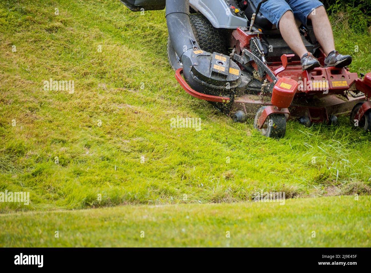 Man worker cutting grass with lawn mower Stock Photo - Alamy