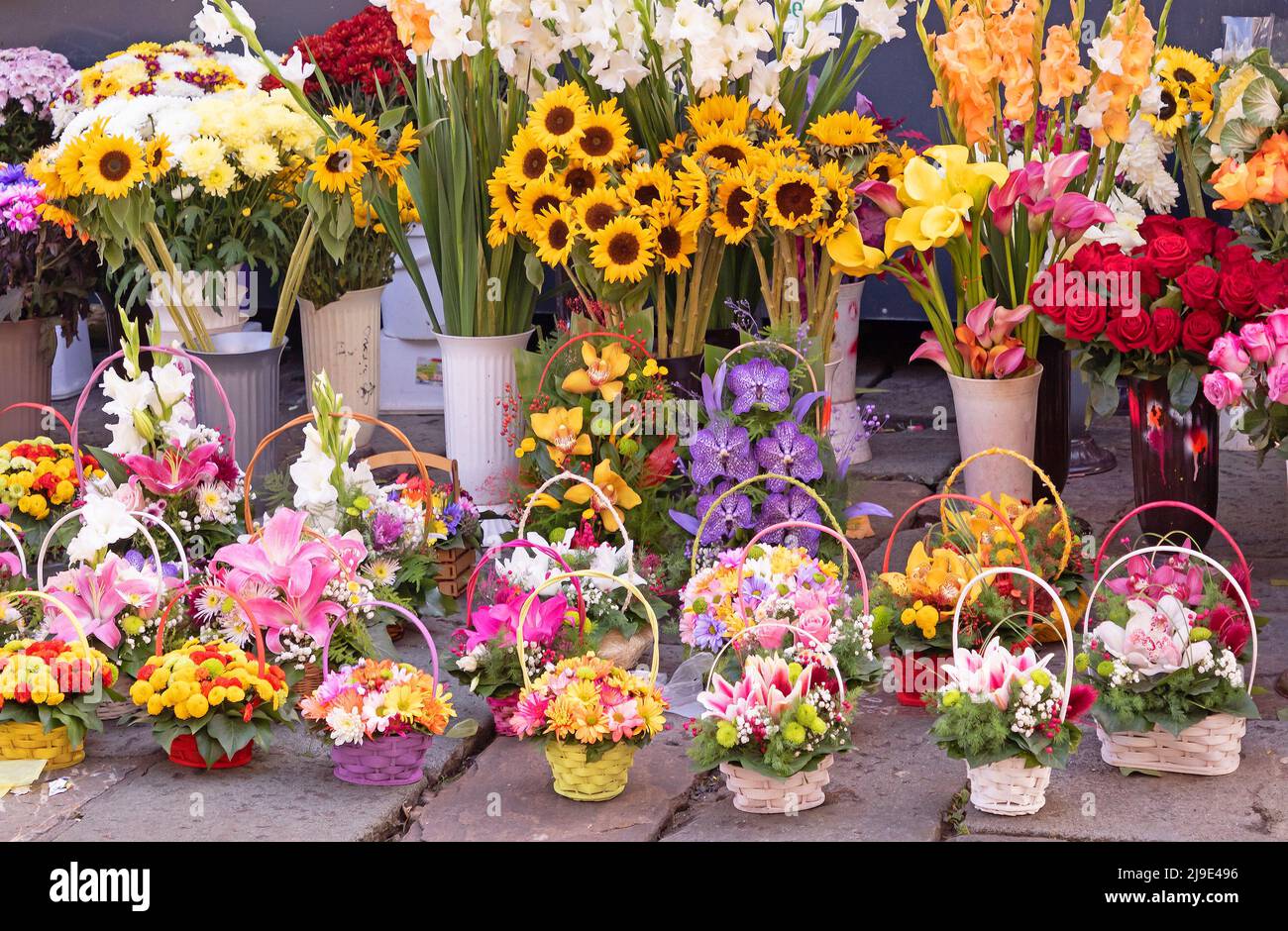 Outside small flower shop in city street Stock Photo - Alamy