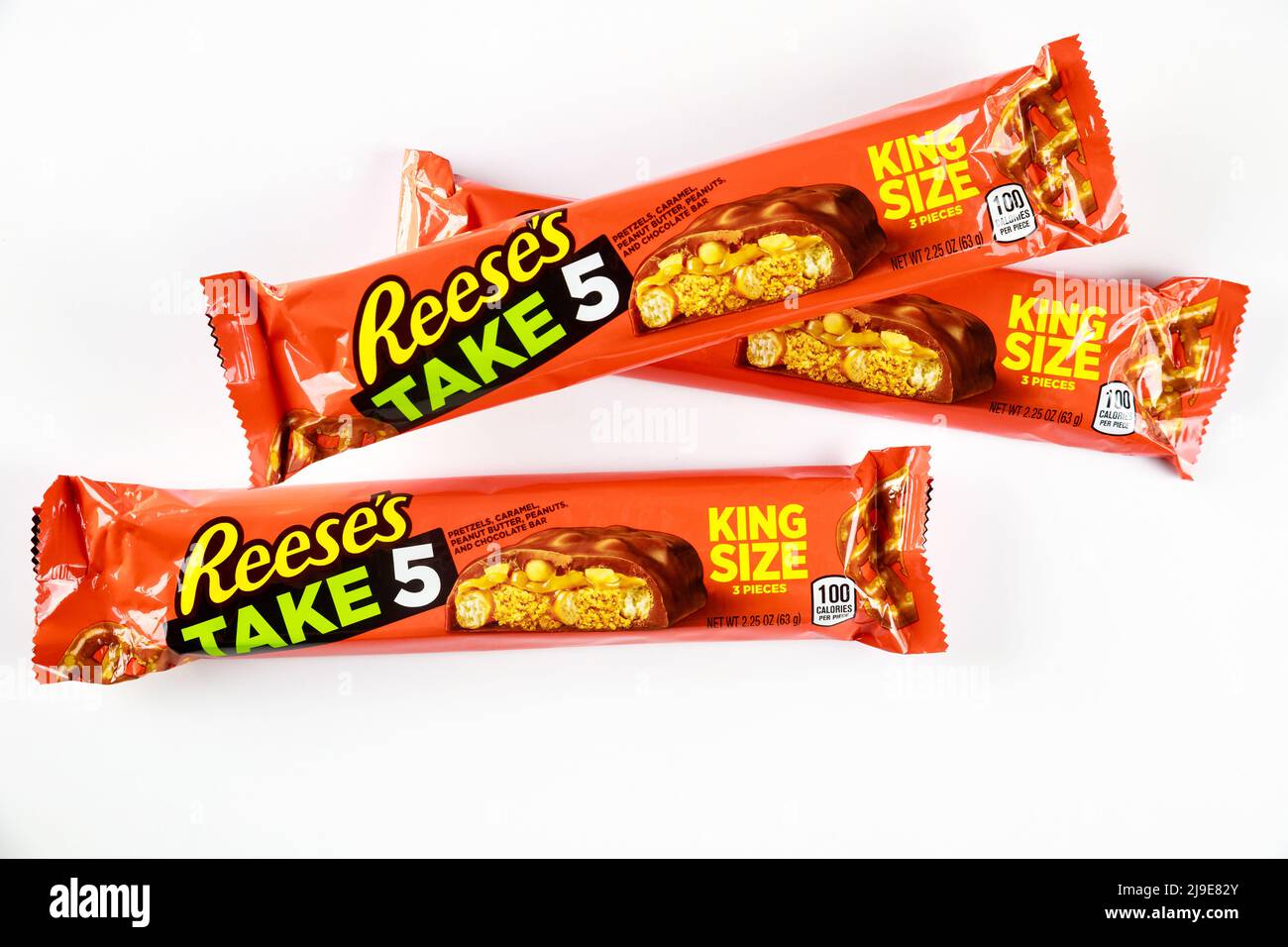 Reeses with pretzels and caramel milk chocolate bar isolated on a white ...
