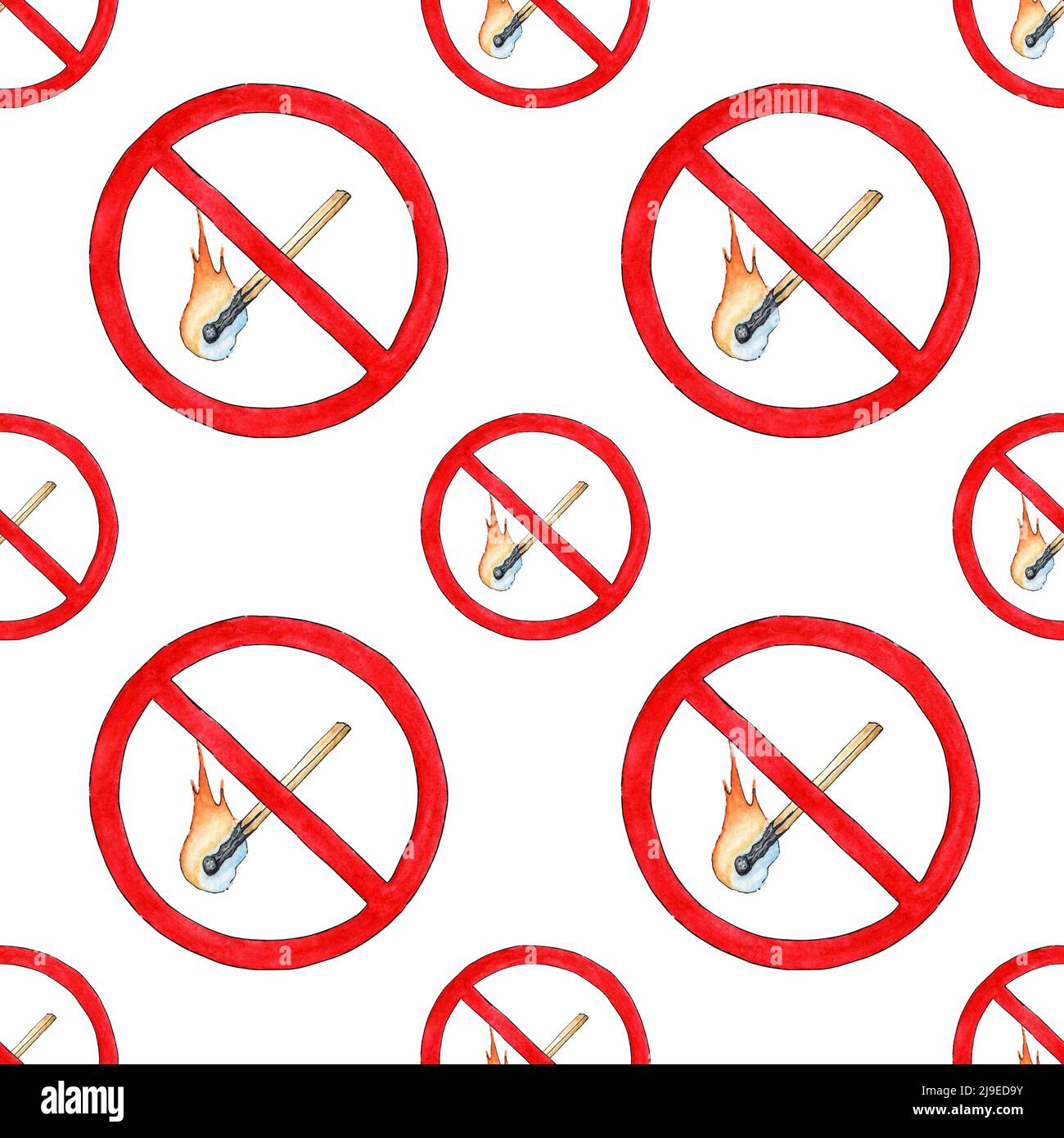 Watercolor illustration pattern of a flammable burning match in a red ...