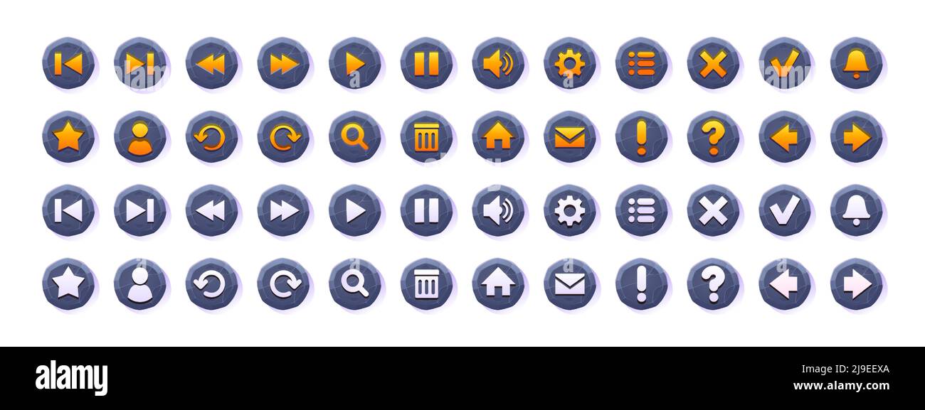 Web or game buttons with stone texture and menu icons. Vector cartoon ...