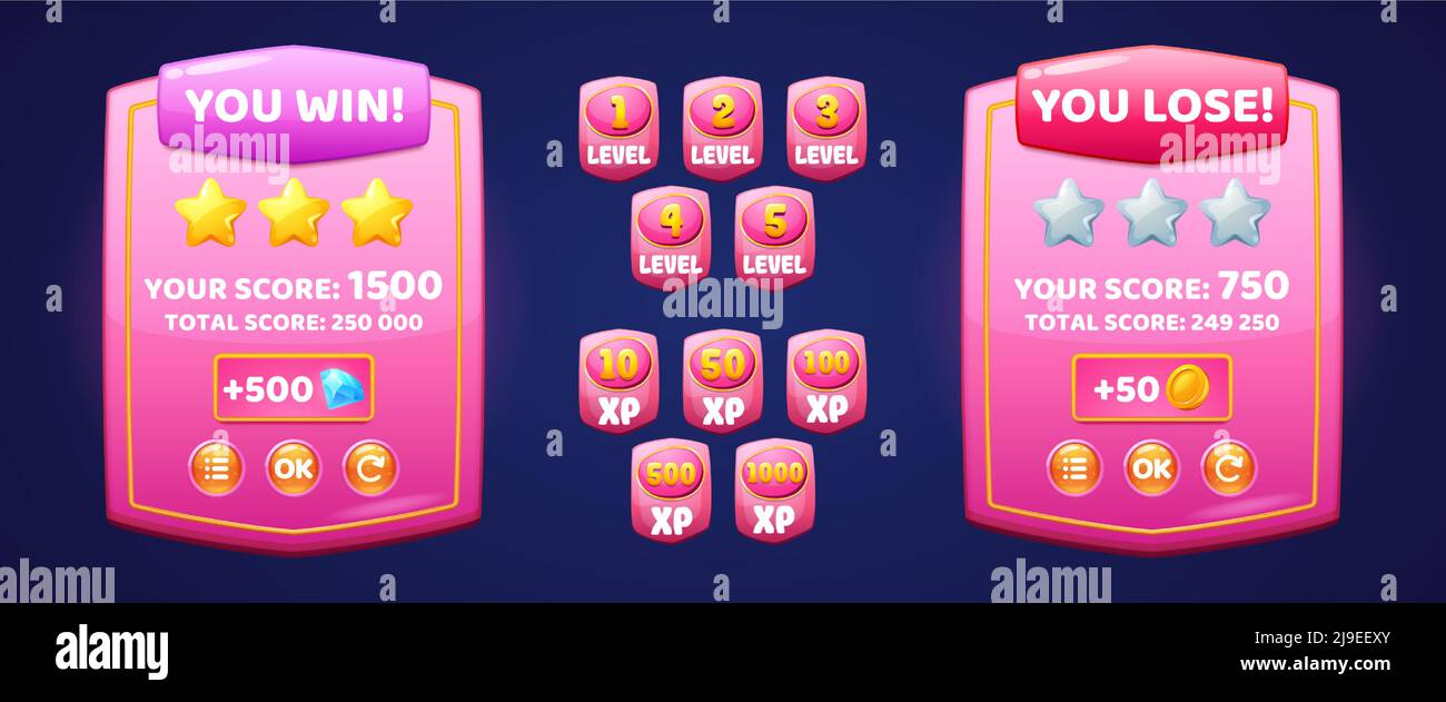 Game pink glossy boards of win or lose and labels of level number and ...