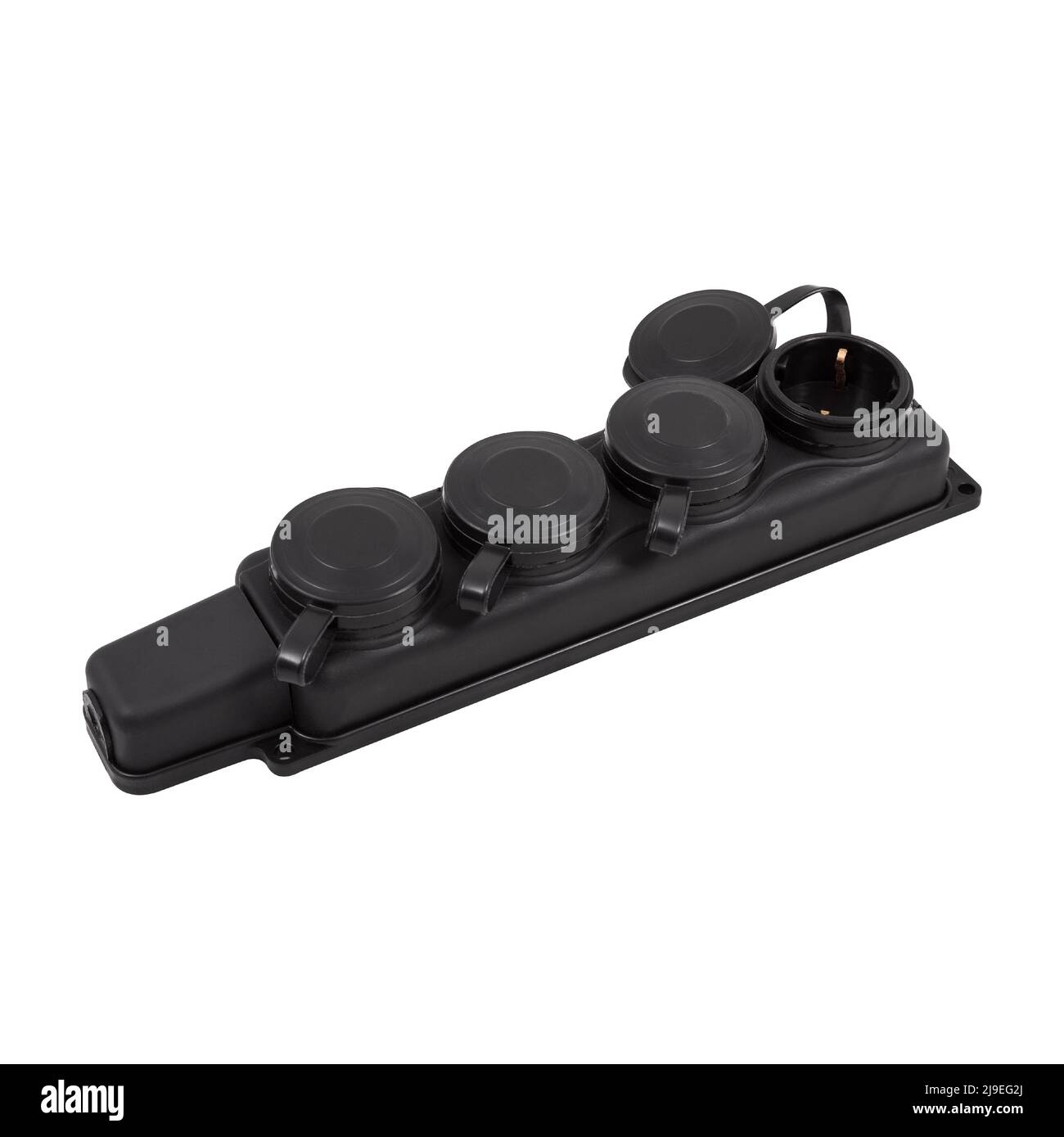 Protected black socket with a cover and grounding isolated on a white ...