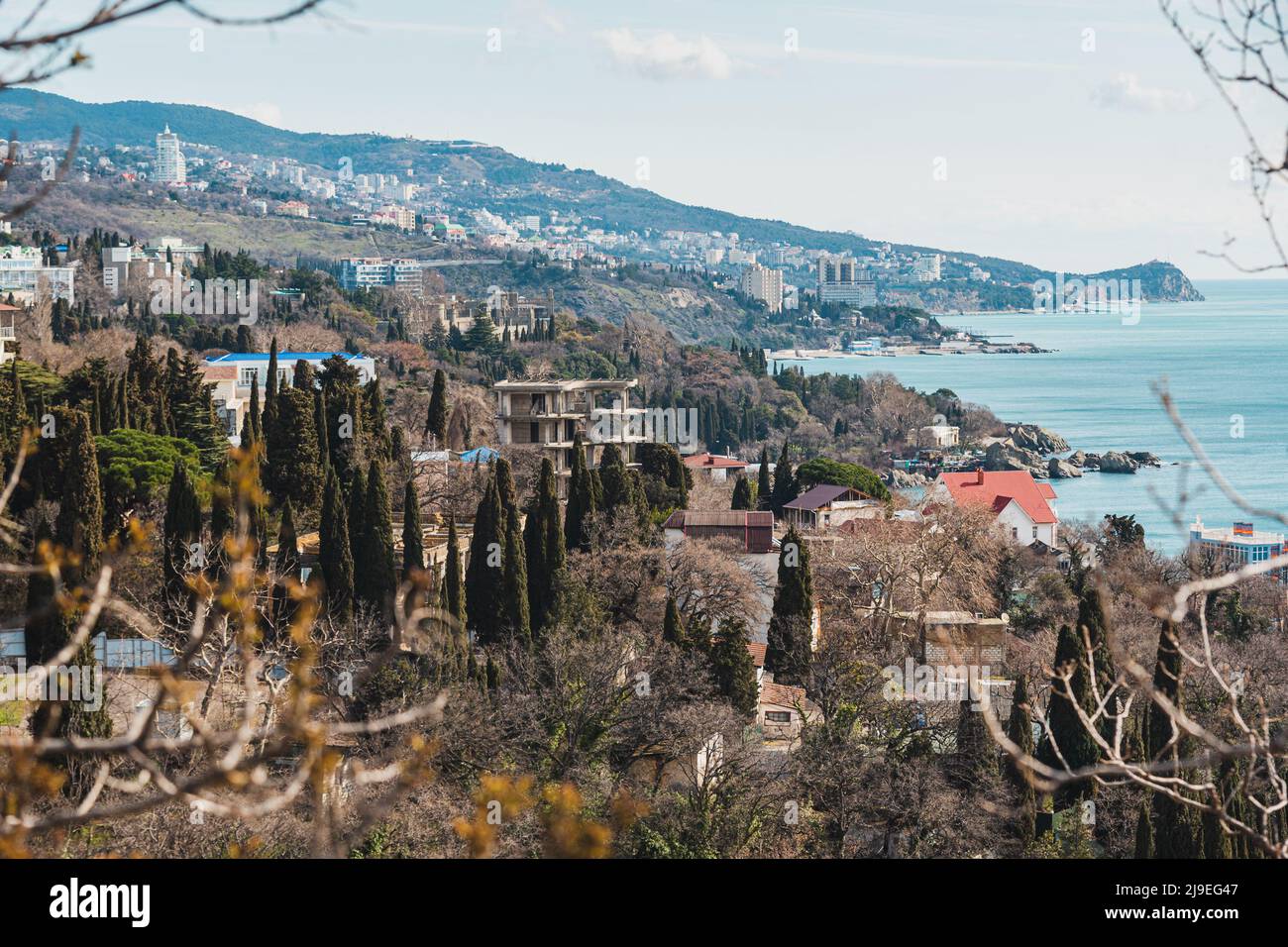 View of landscape coast of resort city Alupka from viewpoint in spring ...