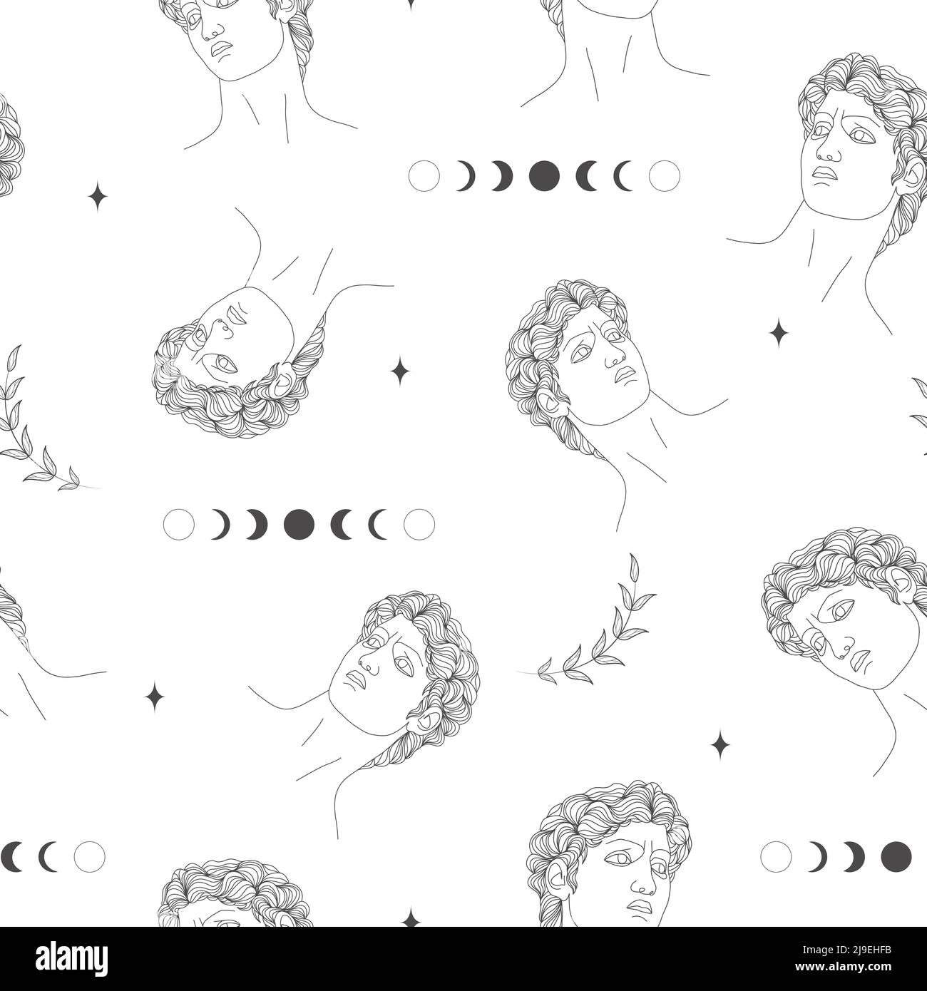 Seamless pattern with ancient greek sculptures. Linear head of David ...