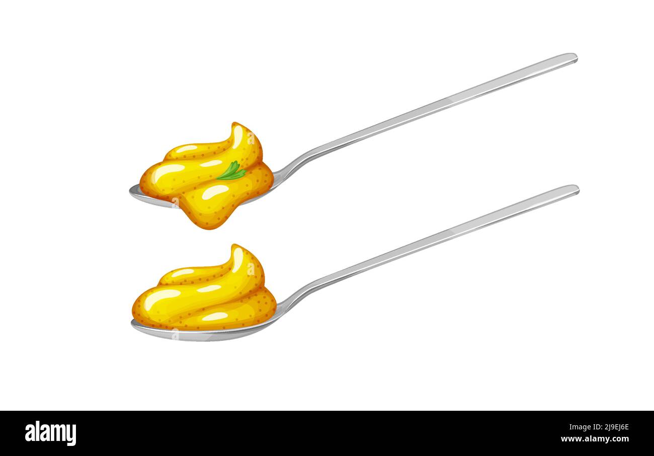 Spoons with mustard sauce side view.Vector illustration in realistic ...