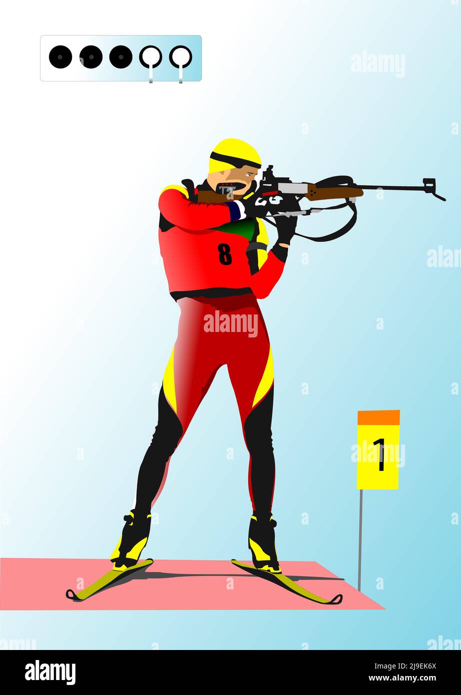 Sportsman biathlete aiming, rifle shooting in standing position. 3d ...