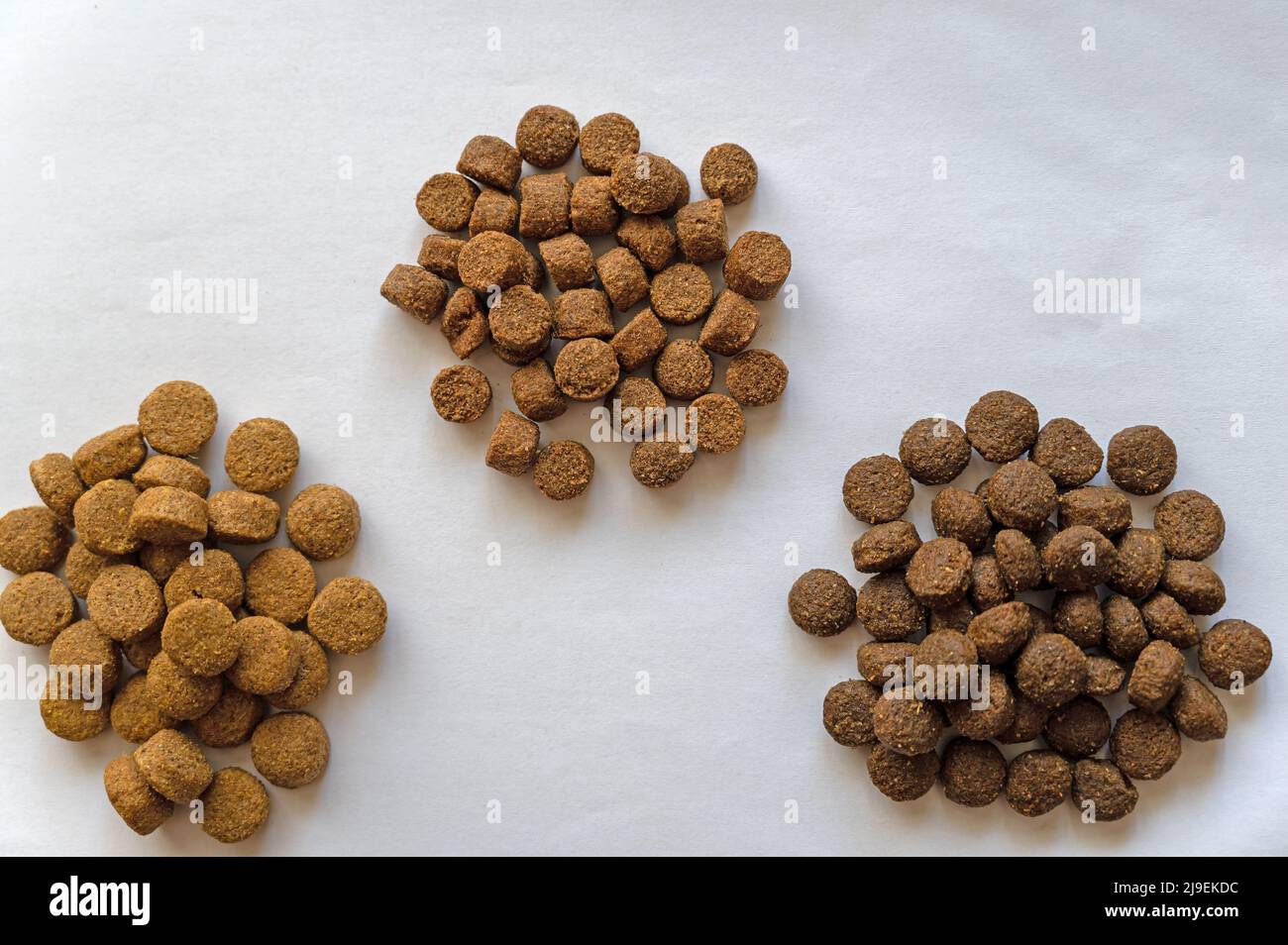 Three piles of different types of pet food against a neutral background ...