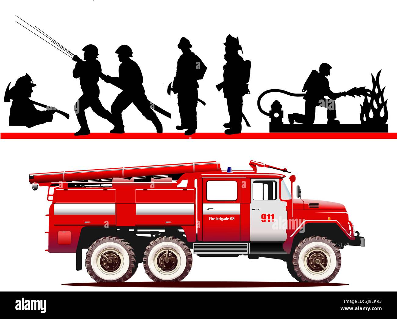 Big set of Fire engines and firefighter. Vector 3d illustration Stock ...
