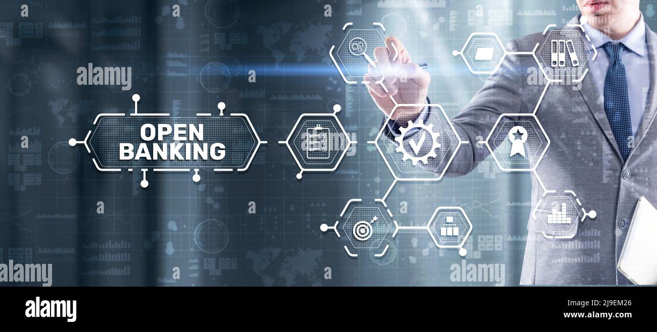 Open Banking Online Finance Concept. Man clicks on a virtual screen ...
