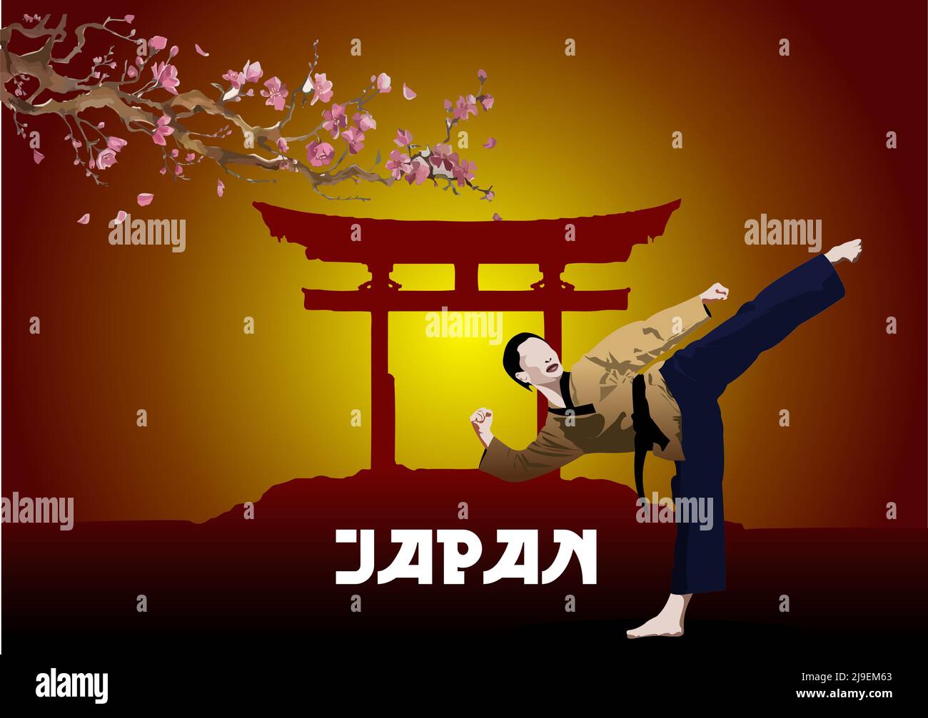Oriental combat sports. Karate on japan backgroud. Colored 3d vector ...