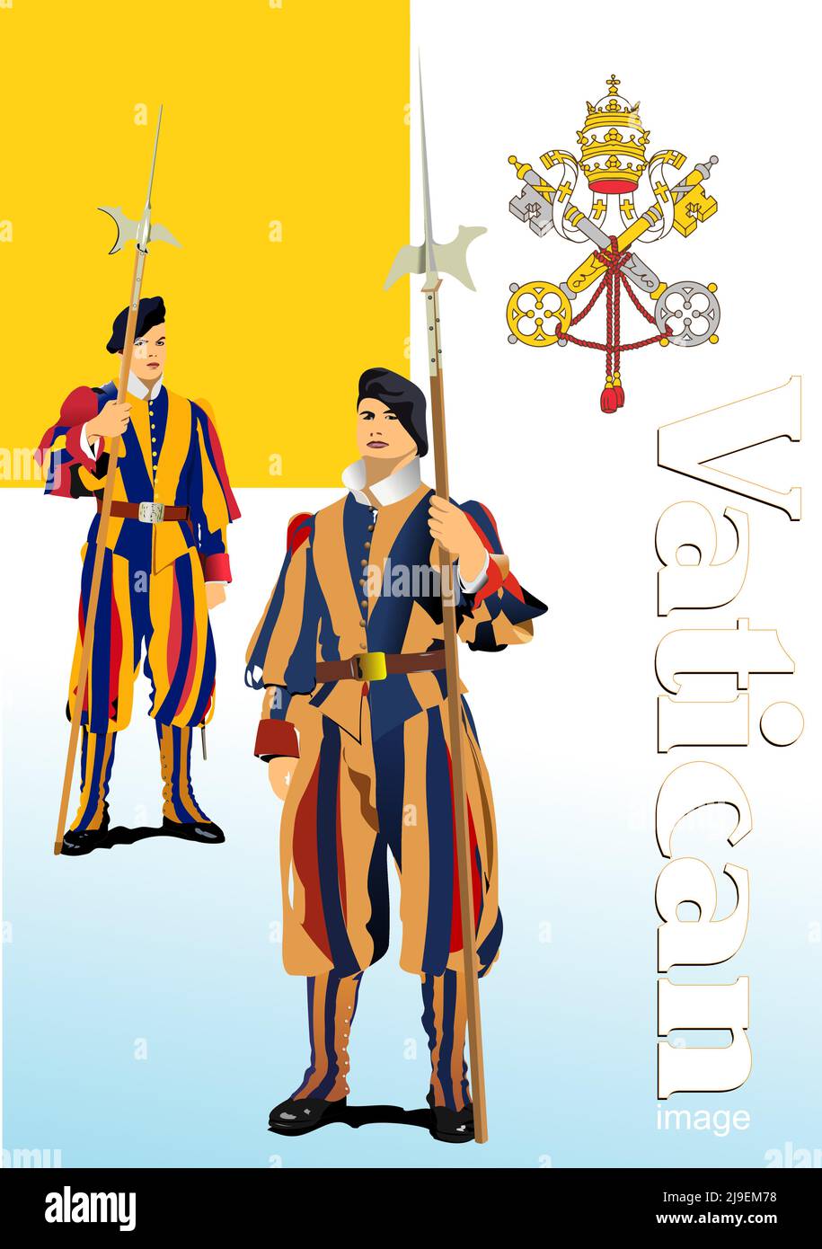 Two Swiss Guards on Vatican flag background. 3d vector illustration ...