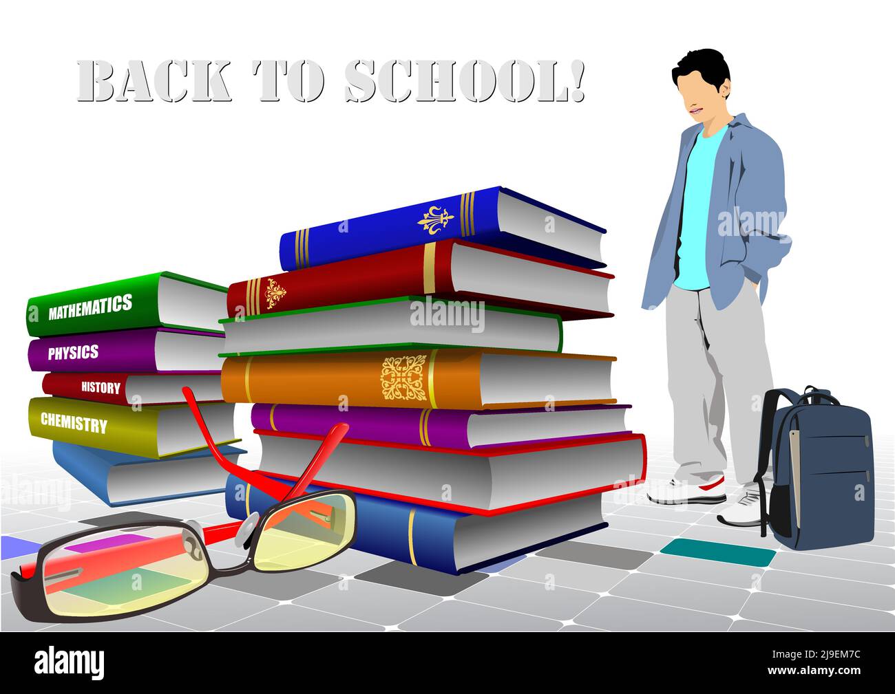 Abstract composition with boy school and book stacks. Back to school ...
