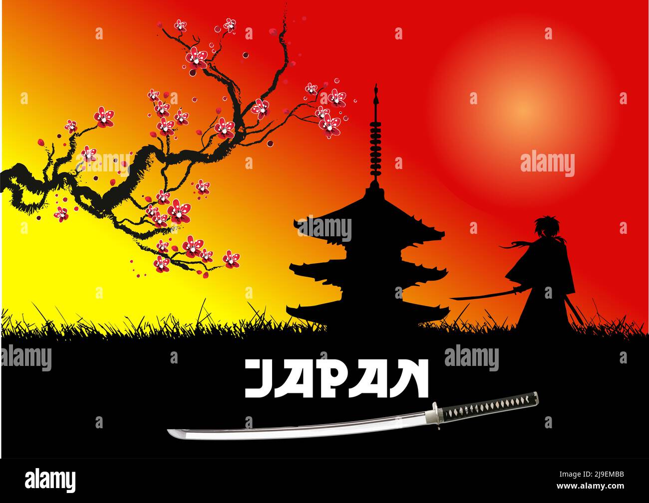 Sakura branch on a colored background. Color Vector illustration in ...