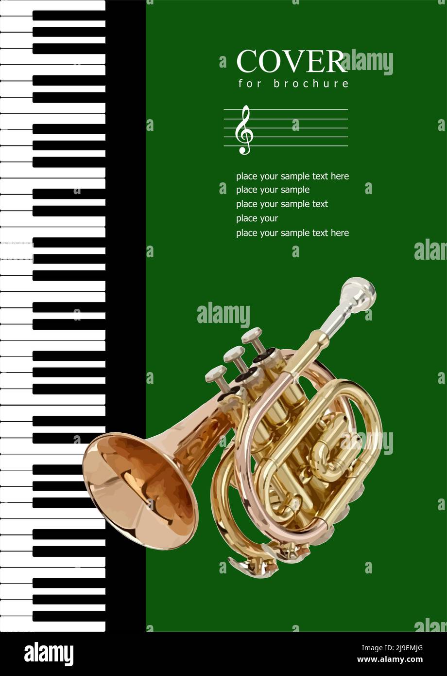 Cover for brochure with Piano and trumpet images. Vector 3d ...