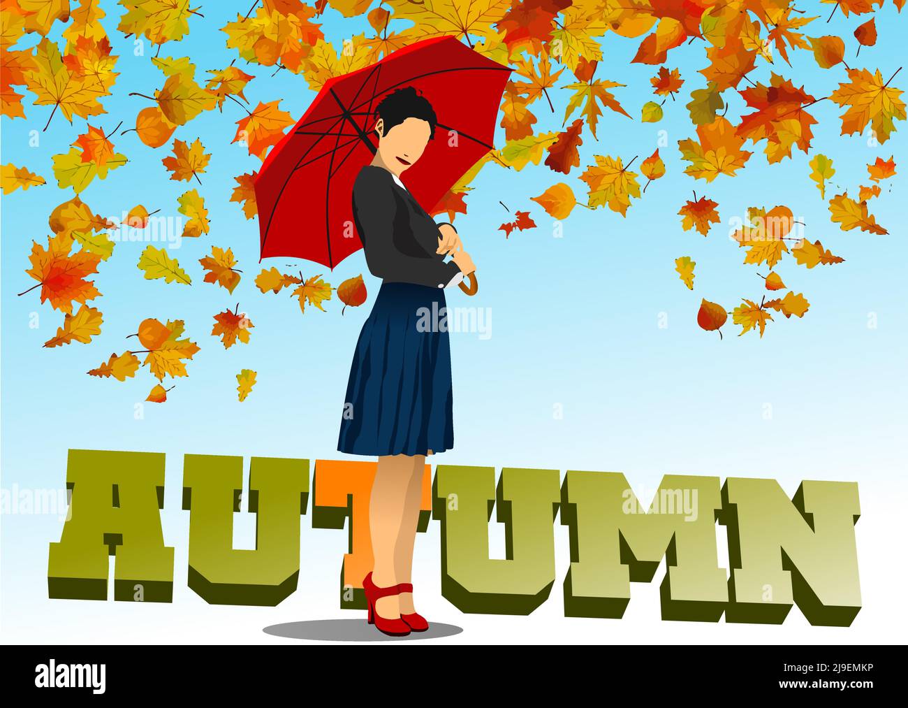 Abstract autumn composition with young woman and leaves. 3d vector ...
