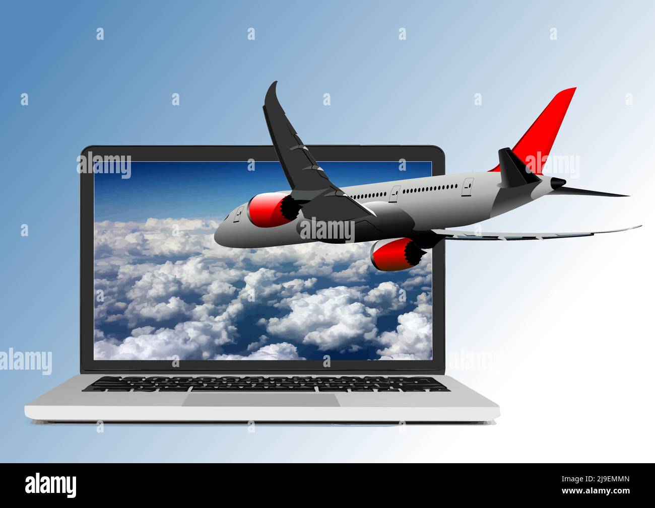Abstract illustration with plane and laptop. Vector 3d for designers ...
