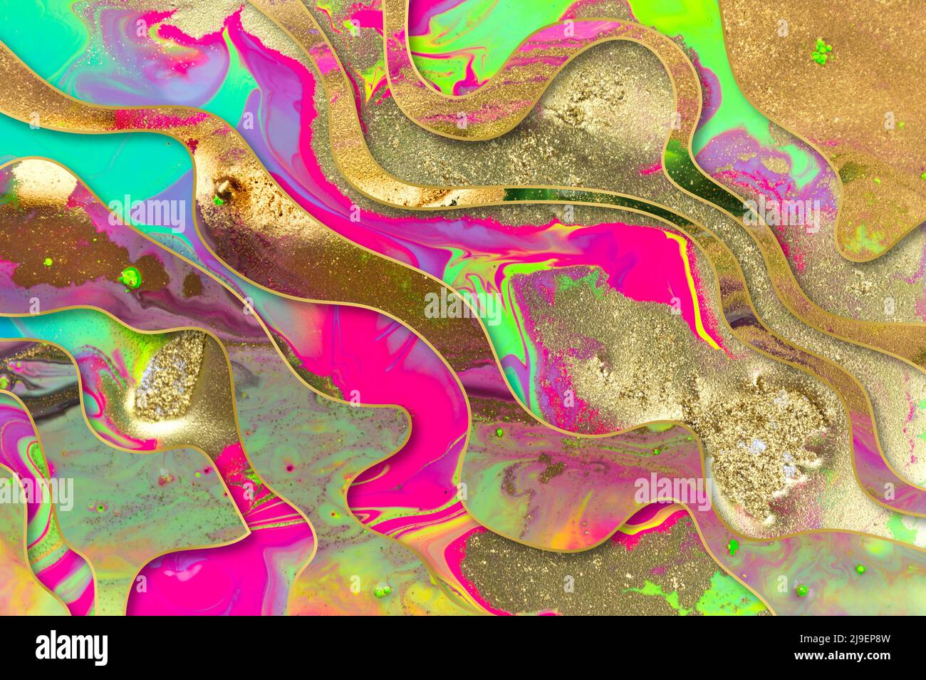 Gold dust spots and wavy line on flow fluorescent ink abstract ...