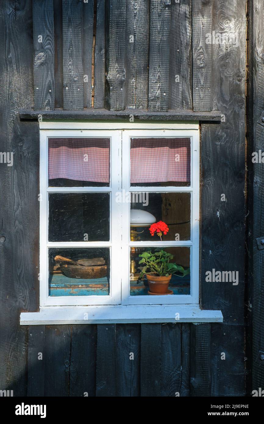 Wood window blooming cottage hi-res stock photography and images - Alamy