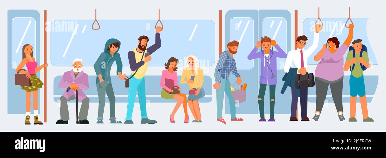 Different passengers inside crowded subway train illustration Stock ...