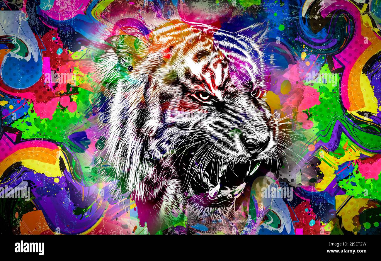 Colorful artistic tiger muzzle with bright paint splatters Stock Photo ...