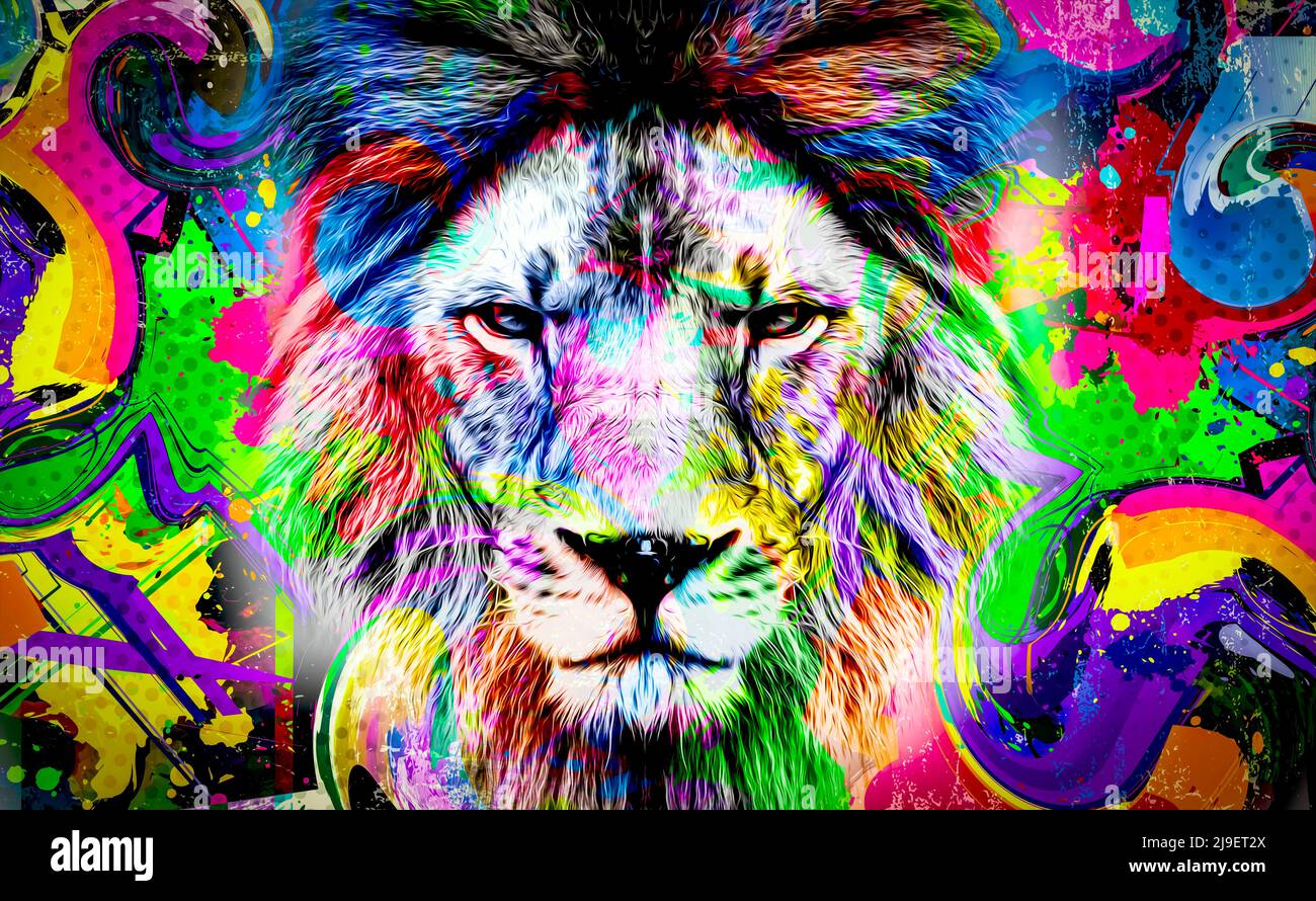 Colorful artistic lion muzzle with bright paint splatters Stock Photo ...