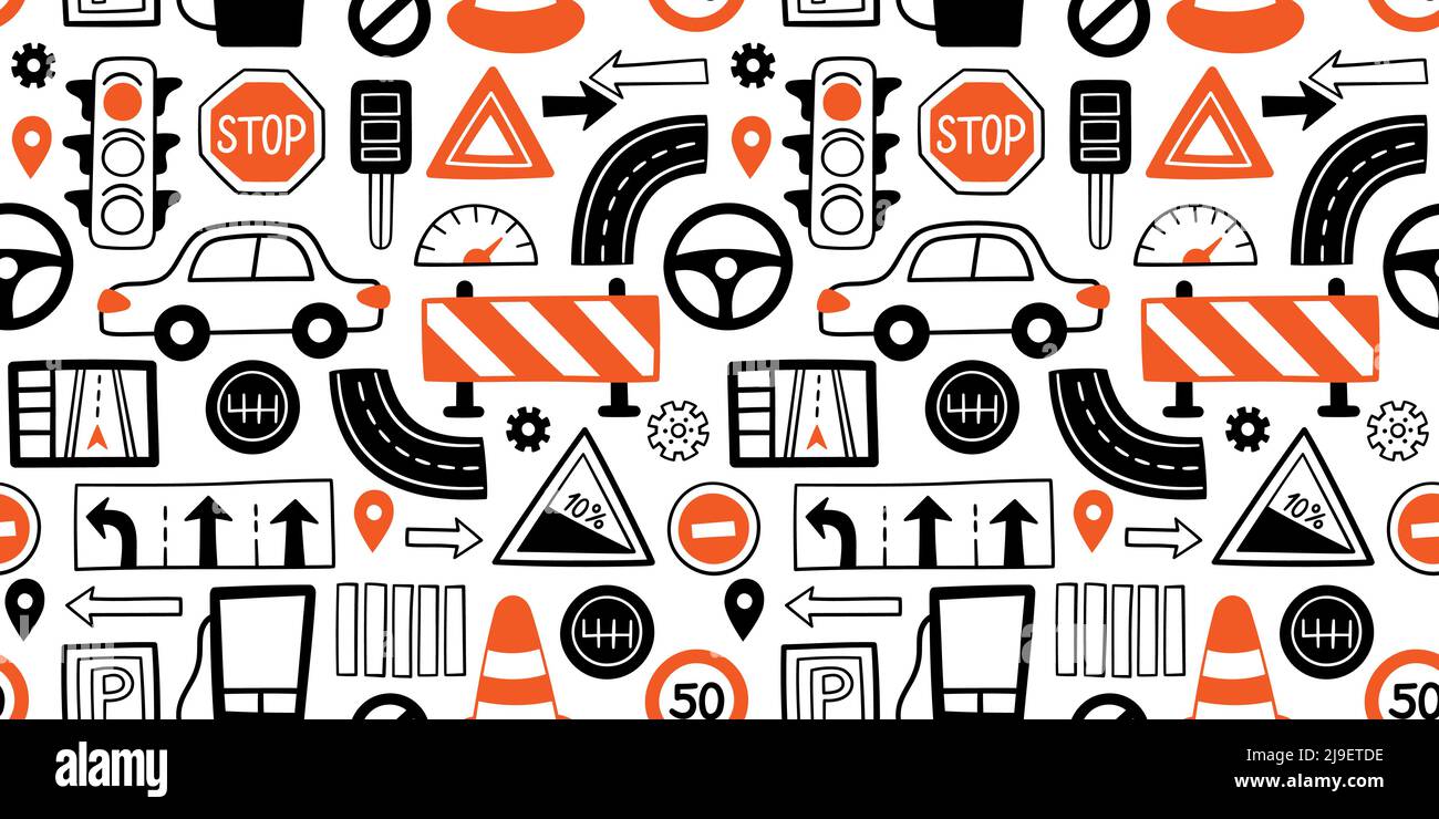 Hand drawn drive symbols seamless pattern. Doodle cars, road objects ...