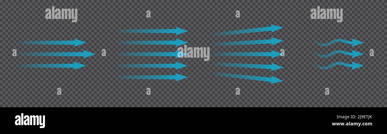 Air flow. Set of blue arrows showing direction of air movement. Wind ...