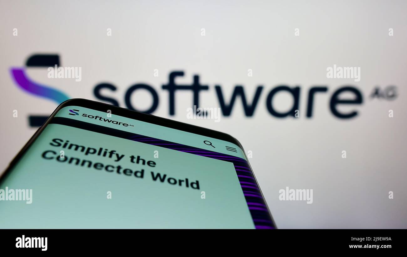 Mobile phone with website of German company Software AG on screen in ...