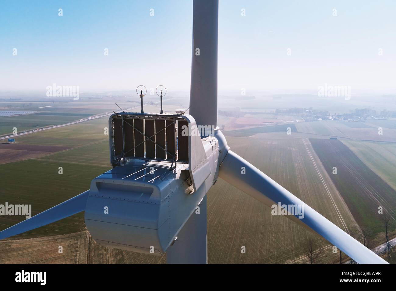 Aerial view of close up windmill turbine in countryside area, Wind ...