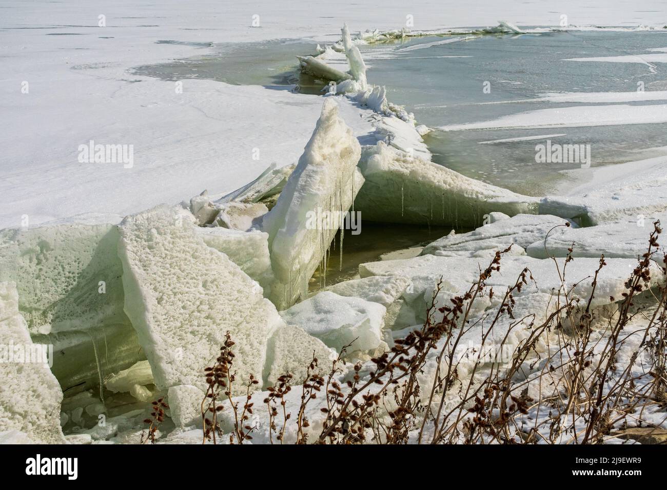 Hummocked ice breaks along lakeshore, winter, bear river migratory bird ...