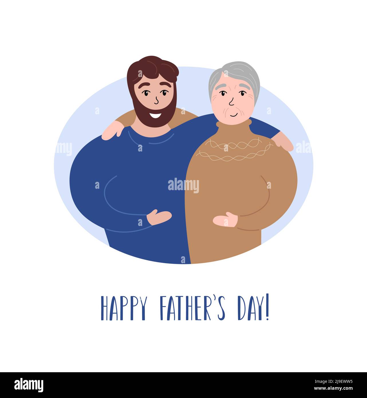 Happy Fathers Day card. Elderly father and adult son embrace. Smiling man hugs his senior dad ...